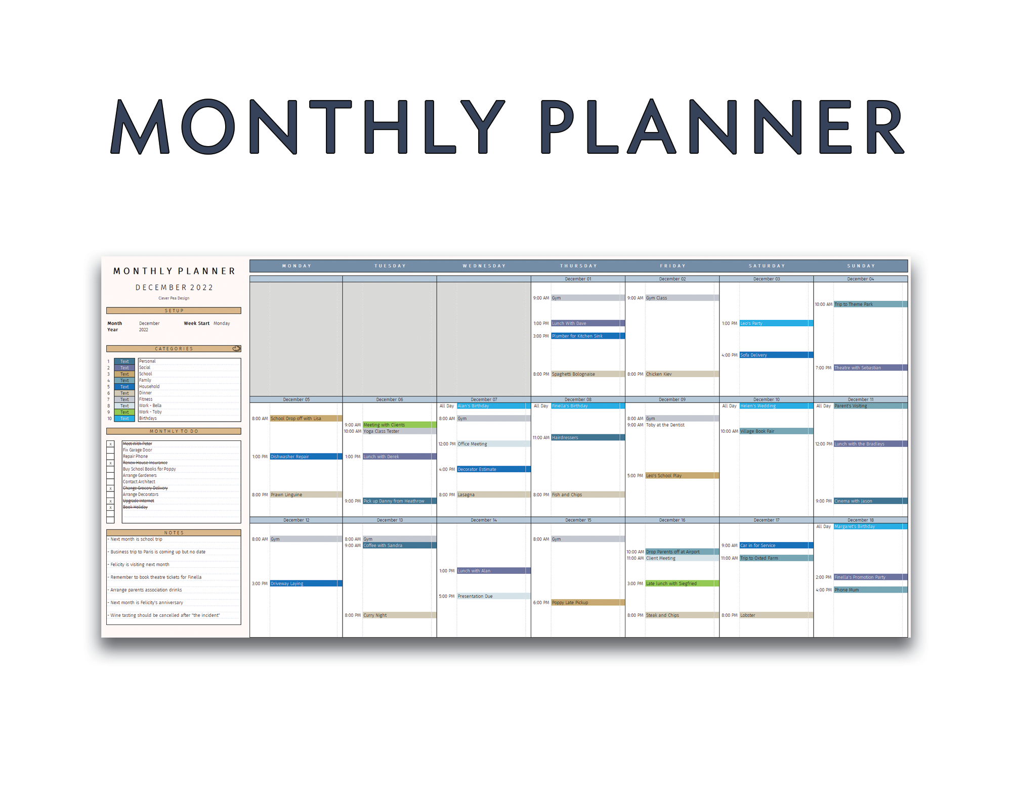 Monthly Planner Spreadsheet | Monthly Planner | CleverPeaDesign